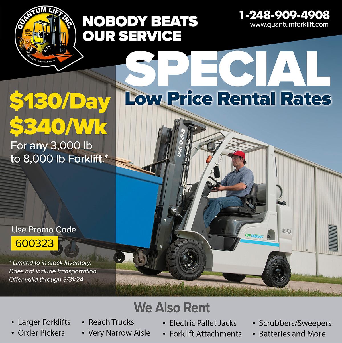 SPECIAL Low Rental Rates in August Quantum Forklift